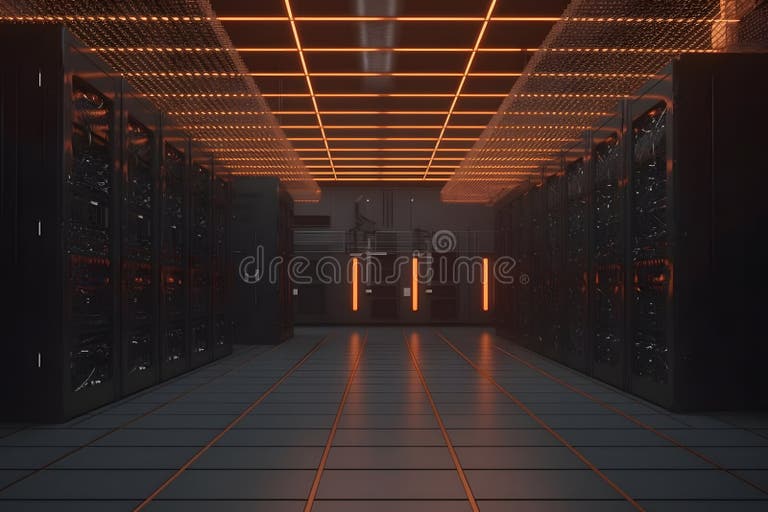 Shot of Data Center with Multiple Rows of Fully Operational Server ...