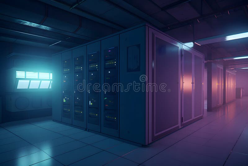 Shot of Data Center with Multiple Rows of Fully Operational Server ...