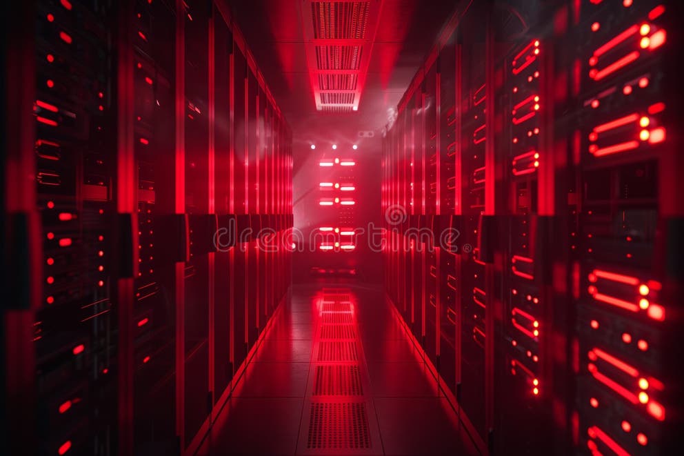 Shot of Data Center with Multiple Rows of Fully Operational Server ...