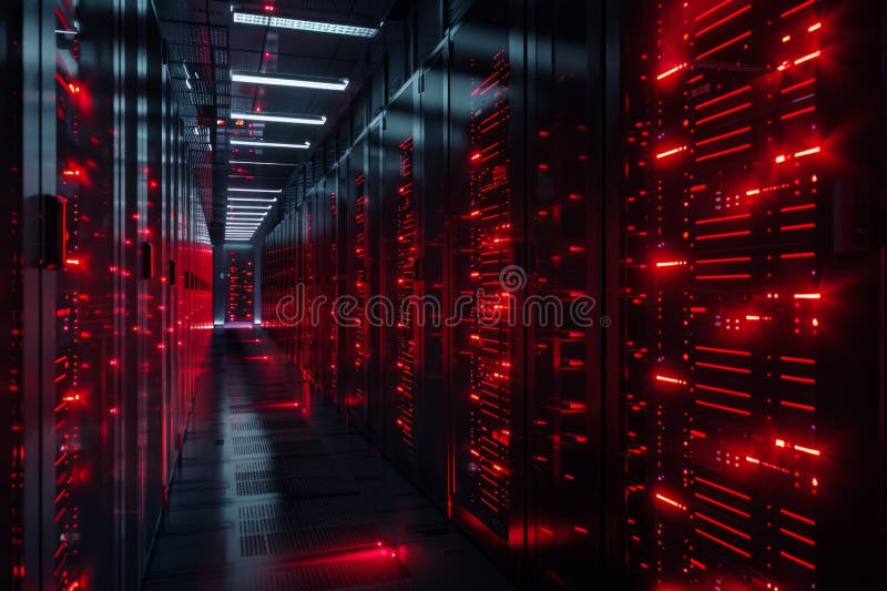 Shot of Data Center with Multiple Rows of Fully Operational Server ...
