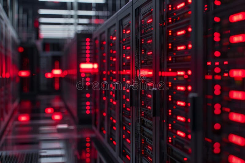 Shot of Data Center with Multiple Rows of Fully Operational Server ...