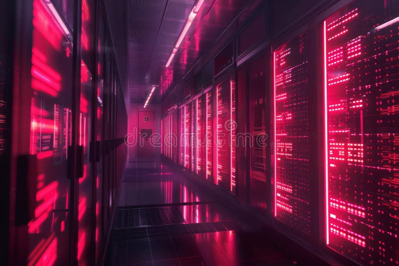 Shot of Data Center with Multiple Rows of Fully Operational Server ...