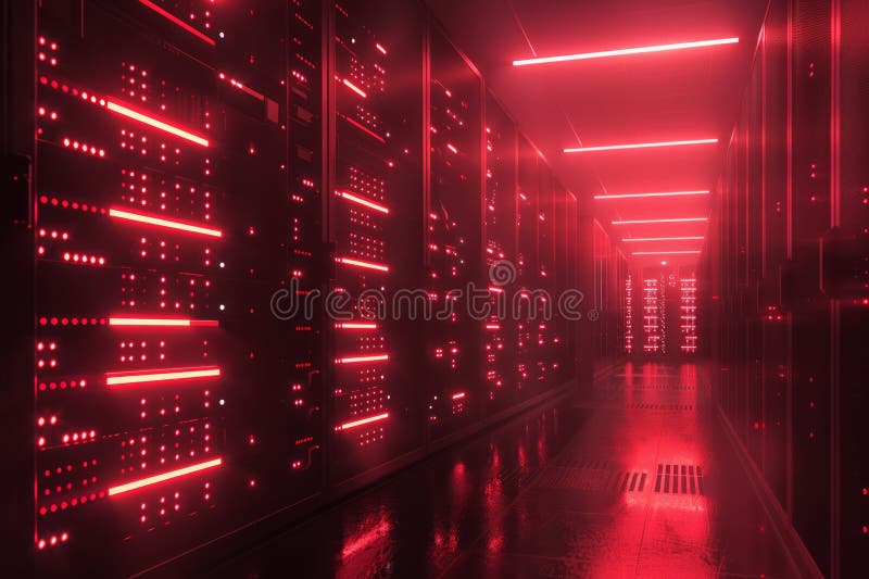 Shot of Data Center with Multiple Rows of Fully Operational Server ...