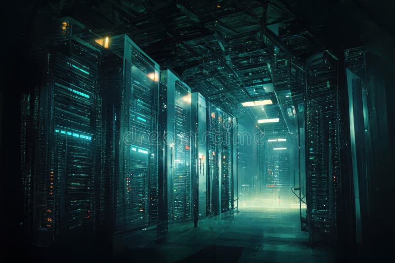 Shot of Data Center with Multiple Rows of Fully Operational Server ...