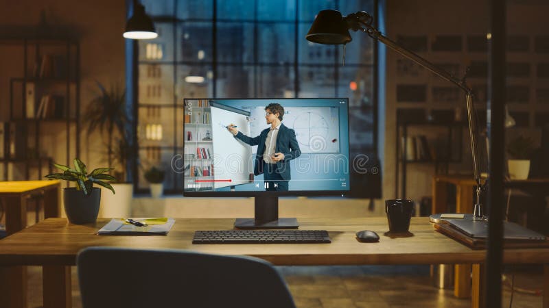 Shot of a Desktop Computer Showing Online Lecture with Cute Male ...