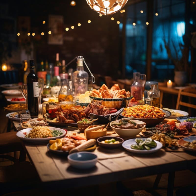 A Shot of a Dining Table that Full of Eating and Drink Items, Stock ...