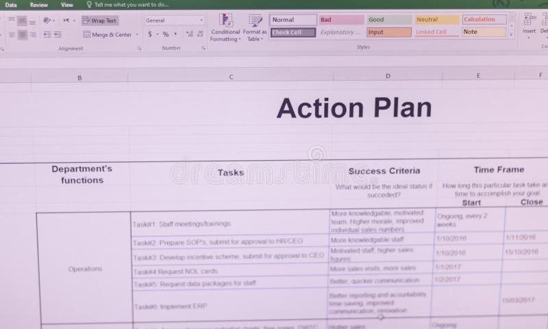 Shot of an Excel Sheet on Computer Screen Showing Business Action Plan ...