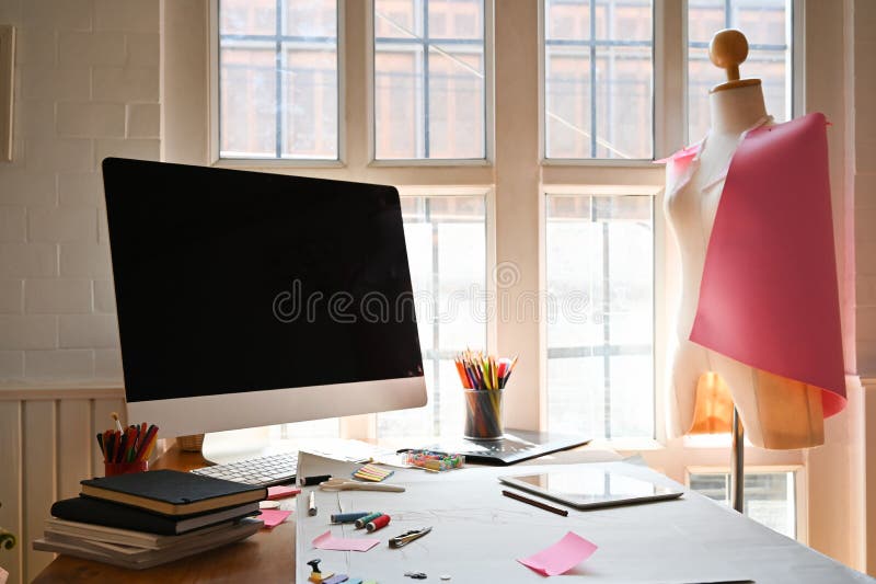 Shot of Fashion Design Studio. Personal Computer, Notebook, Paper ...