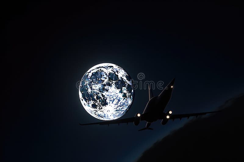 Shot of a Futuristic Aircraft Passing by the Moon Stock Illustration ...