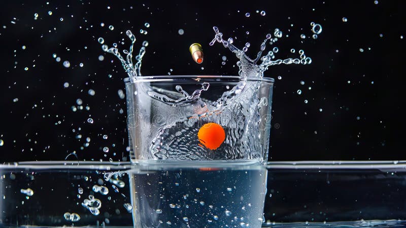 A Shot Glass with an Orange Ball Falling into the Water Stock Photo ...