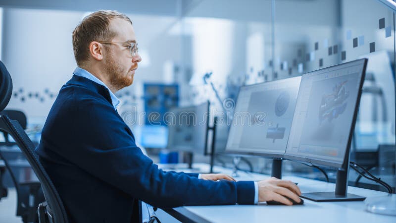 Shot of a Heavy Industry Engineer Working on Personal Computer, Screen ...