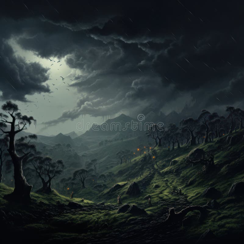 Shot of Hills with Trees with a Bad Sky Landscape Generative AI Stock ...