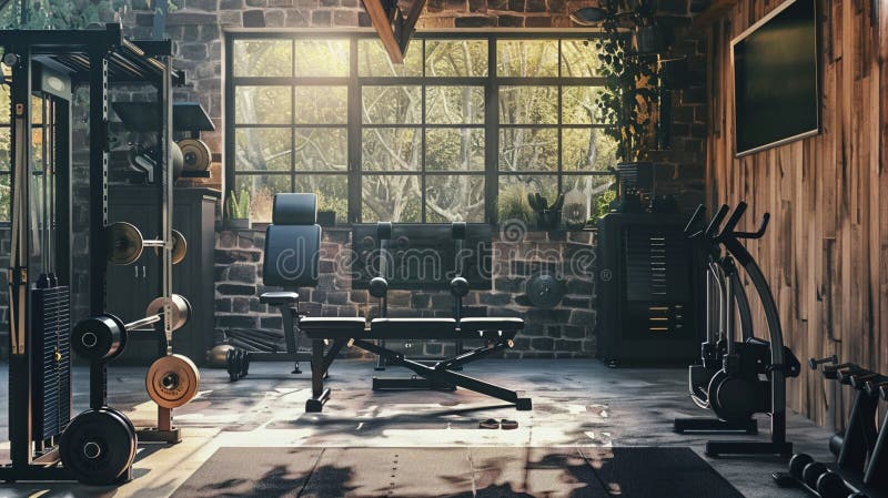 Rustic Home Gym Interior Design Weightlifting Equipment Dark Wood Room ...