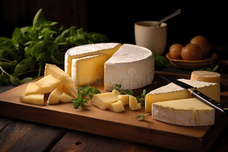 Shot of Matured Cheese Wheels Next To Fresh Cheese Cut Stock Image ...