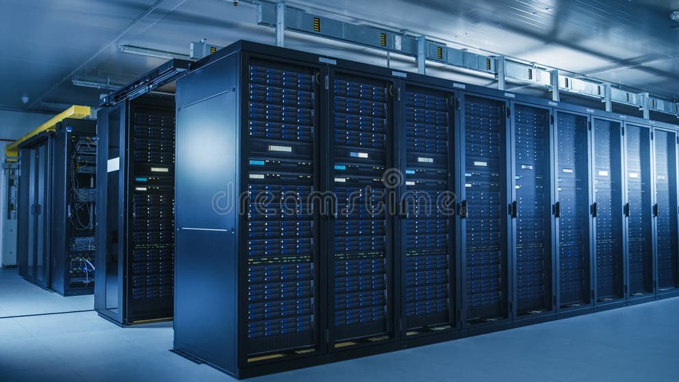 Shot of Modern Data Center with Multiple Rows of Operational Server ...