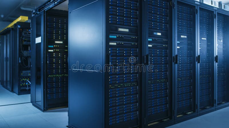 Shot of Modern Data Center with Multiple Rows of Operational Server ...