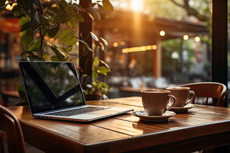 A Shot of a Modern Workspace with a Laptop and a Coffee Cup Stock ...