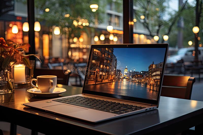 A Shot of a Modern Workspace with a Laptop and a Coffee Cup Stock ...