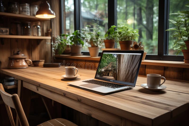 A Shot of a Modern Workspace with a Laptop and a Coffee Cup Stock ...