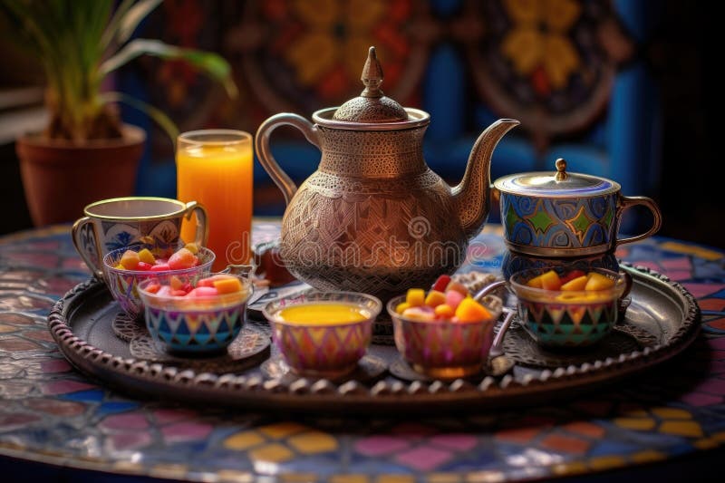 A Shot of a Moroccan Tea Set on a Colorful Tiled Table Stock ...
