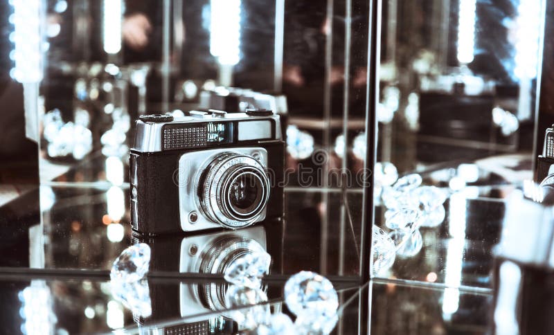 Shot of Old Photography Camera in the Mirror Stock Image - Image of ...