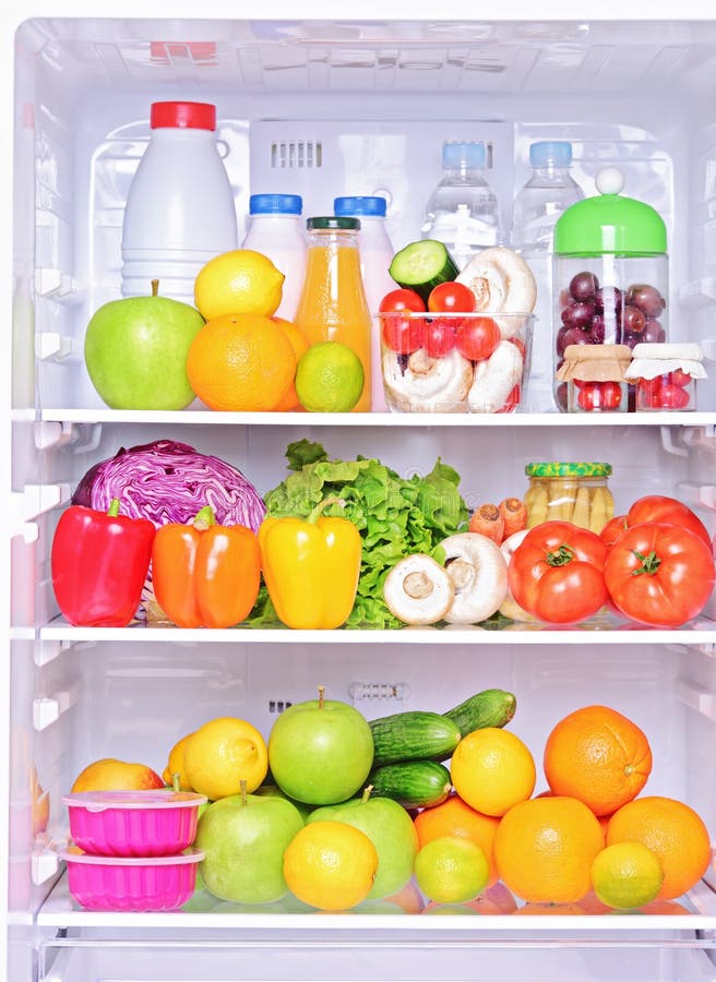 Shot of an Open Fridge with Food Products Stock Photo - Image of cold ...