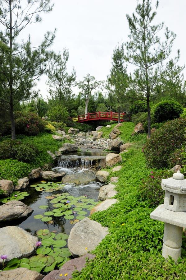 Shot of a Red Bridge on a Tiny River Stock Image - Image of trees ...
