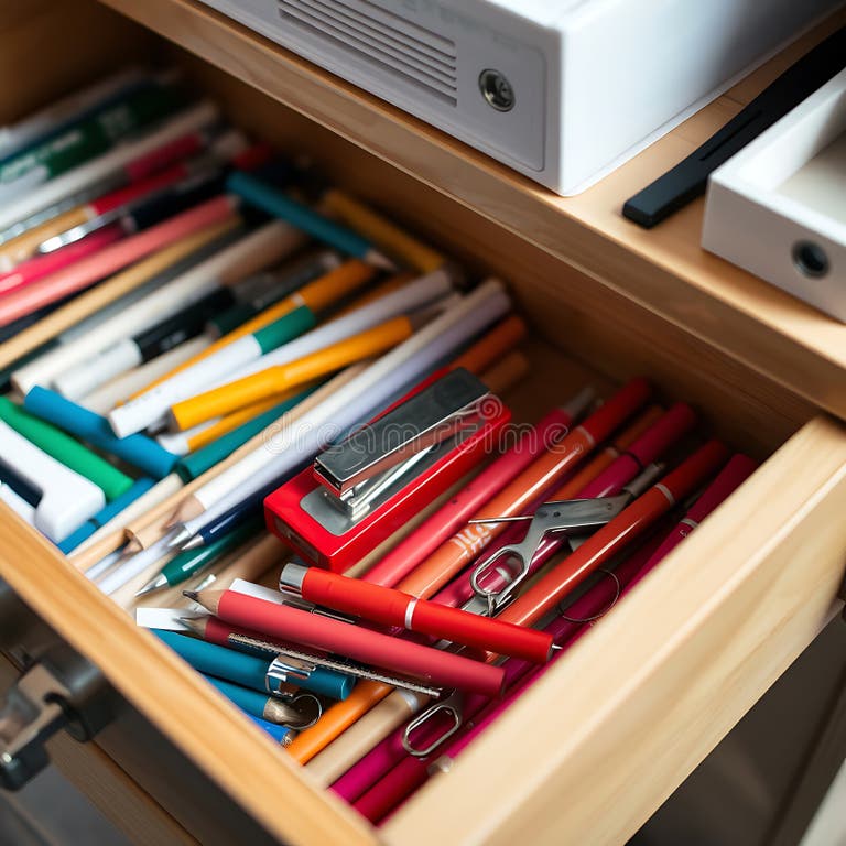 A Shot of a Small Staple Puller Resting Inside an Open Office Drawer ...