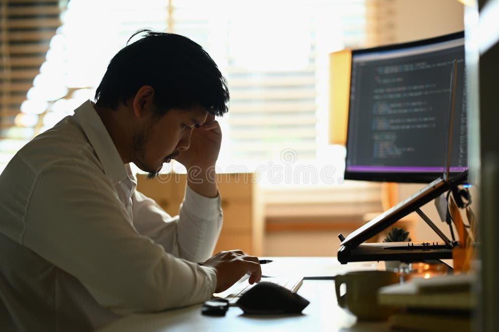 Shot Stressed Male Software Developer Programming Code on Computer ...