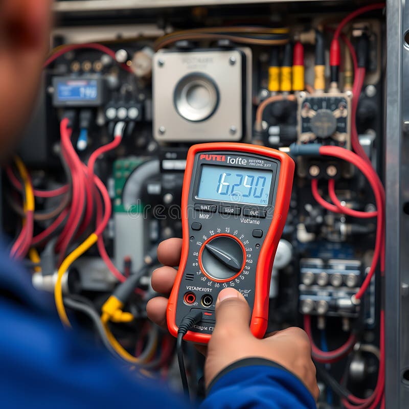 A Shot of a Technician Holding a Multimeter with Its Screen Showing ...