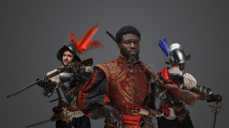 Multicultural Group of Medieval Conquistadors Against Grey Background ...