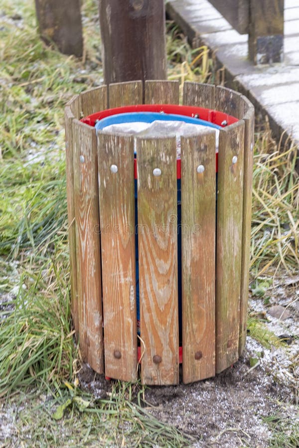 Shot of the Trash Bin by the Bench in the Park. Outdoors Stock Image ...