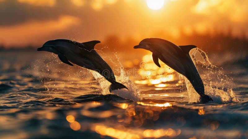 Shot of Two Dolphins Diving into the Ocean at Sunset Stock Illustration ...