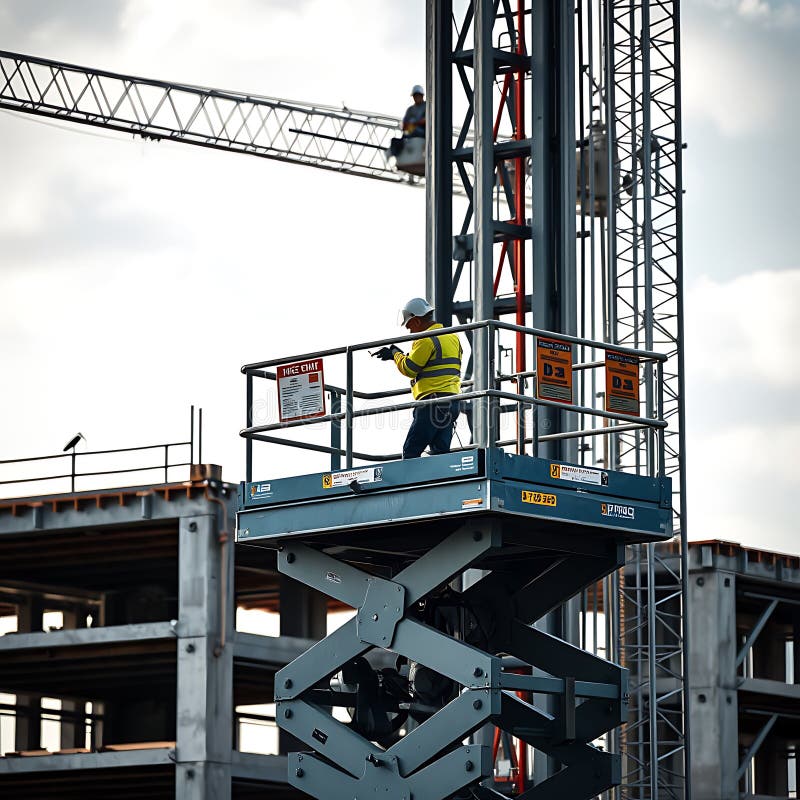 A Shot of a Vertical Lift Platform with a Worker Inside at a ...