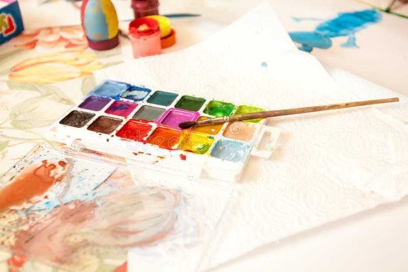 Shot of Watercolors with Brush Stock Image - Image of painter, gouache ...