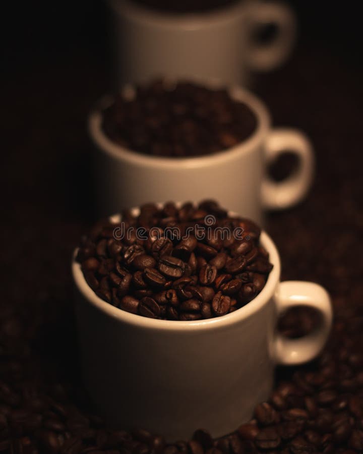 Shot of White Coffee Mugs Filled with Roasted Coffee Beans Stock Image ...