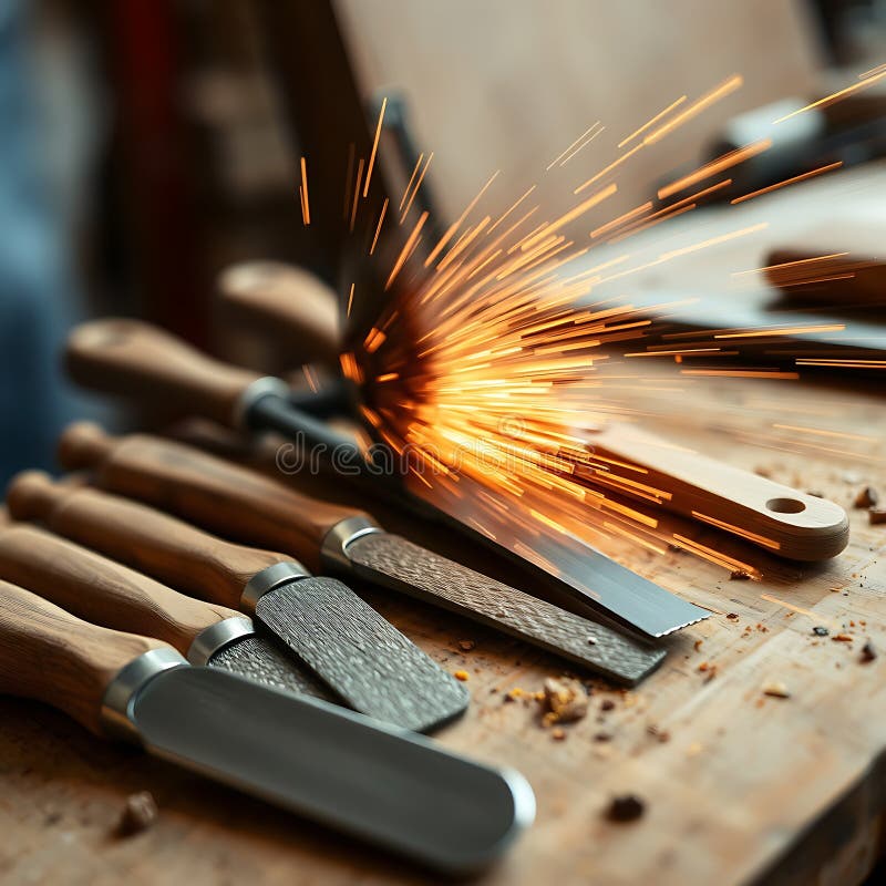 A Shot of a Workbench with Several Rasps and Files in Use Creating a ...