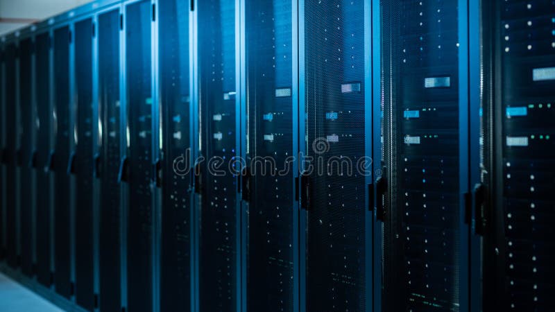 Shot of a Working Data Center with Rows of Rack Servers. Led Lights ...