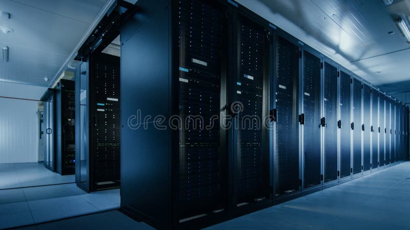 Shot of a Working Data Center with Rows of Rack Servers. Led Lights ...