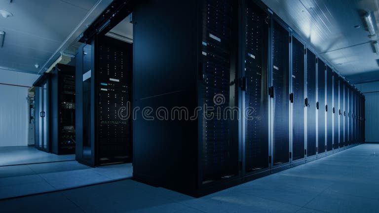 Shot of a Working Data Center with Rows of Rack Servers. Led Lights ...