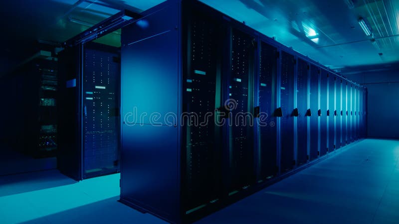 Shot of a Working Data Center with Rows of Rack Servers. Led Lights ...