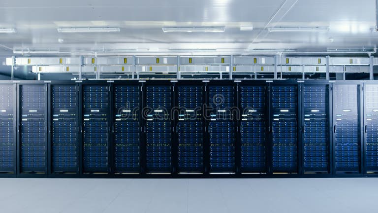 Shot of a Working Data Center with Rows of Rack Servers. Led Lights ...