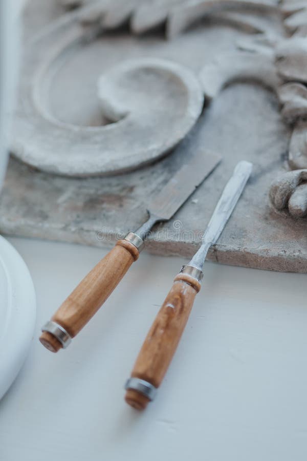 Stacks on Table Around Marble Artwork in Workshop of Sculptor Stock ...
