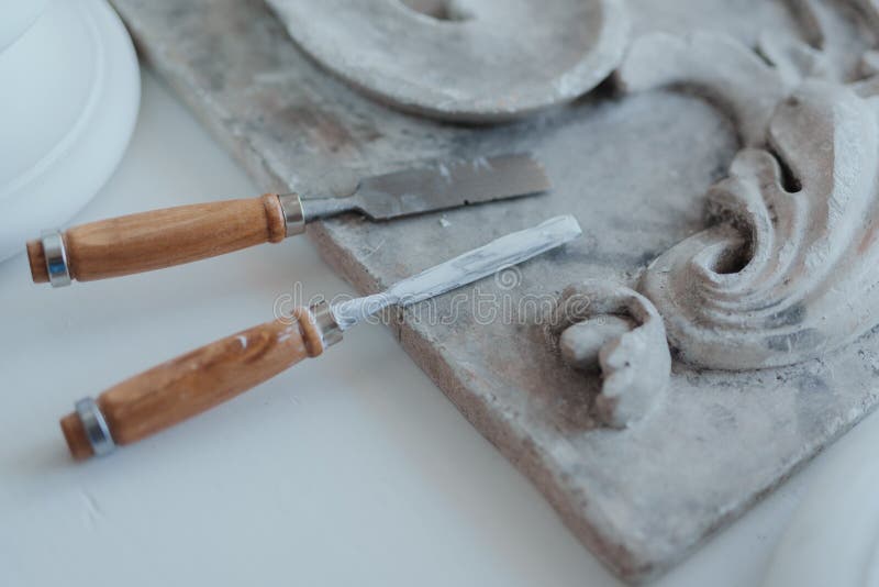 Stacks on Table Around Marble Artwork in Workshop of Sculptor Stock ...