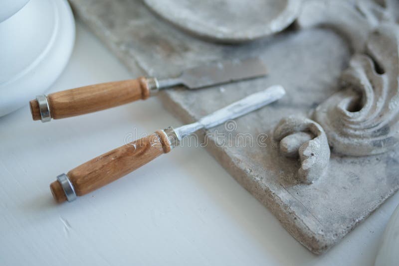 Stacks on Table Around Marble Artwork in Workshop of Sculptor Stock ...