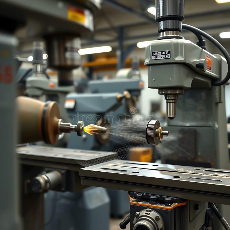 A Shot of a Workshop with Multiple Milling Machines in Use with a Focus ...