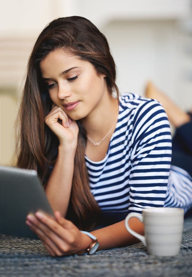 Taking it Easy at Home with Her Tablet Stock Image - Image of female ...