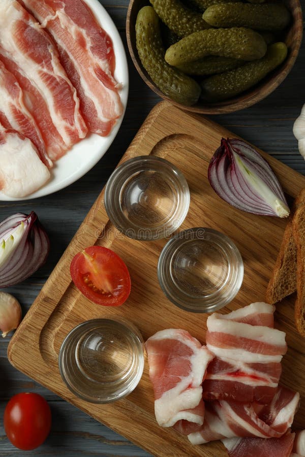 Shots of Vodka and Tasty Snacks, Top View Stock Image - Image of view ...