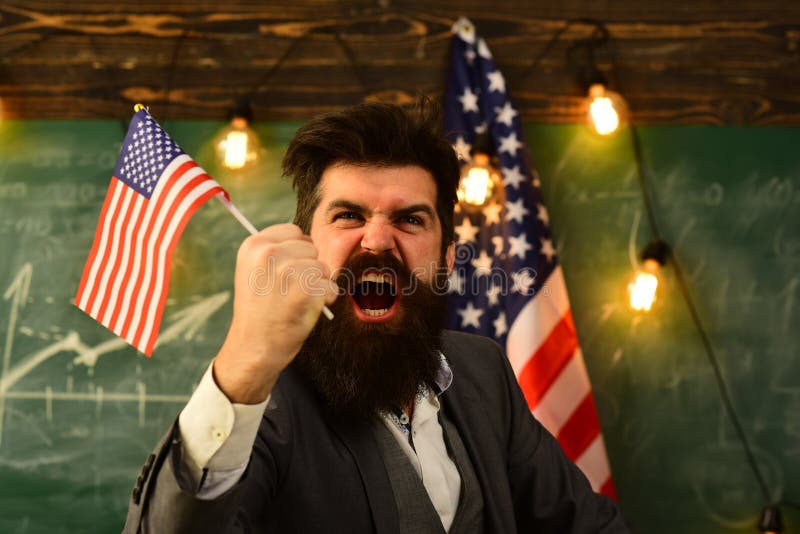 Shouting Businessman with American Flag and Raised Hand. Stock Image ...