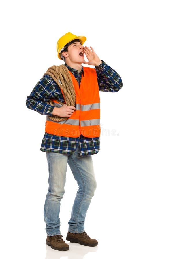 Shouting Construction Worker Jumping Stock Image - Image of shouting ...